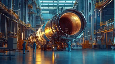 Huge Rocket Assembly Operation In A Warehouse Staffed By Engineers And