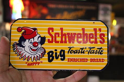 Rare 1950s Schwebels Big Enriched Bread Painted Metal Sign Happy