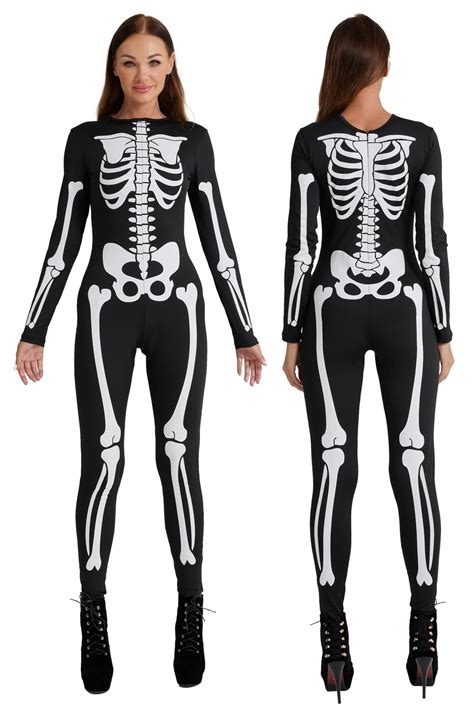 Womens Skeleton Bodysuit Form Fitting Catsuit With Front And Back