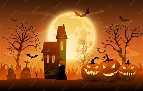 Premium Vector Dark Graveyard With Creepy Pumpkins And Haunted House