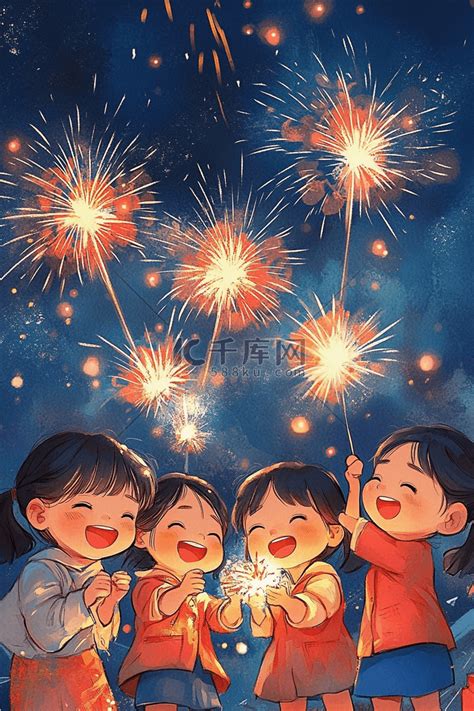 夜晚儿童然放烟花手绘新年插画图片 千库网