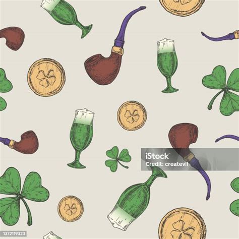 손으로 그린 레프레펀 파이프 황금 동전과 녹색 행운의 샴록 벡터 원활한 배경 패턴 세인트 패트릭 축하 인사말 스케치 카드 포장 또는 커버 템플릿 0명에 대한 스톡 벡터 아트