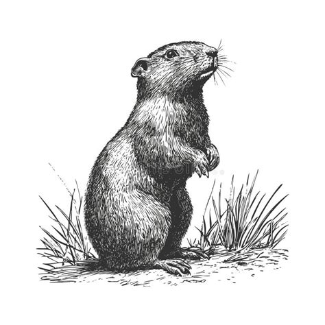 Detailed Black And White Illustration Of A Groundhog Standing Upright Stock Illustration