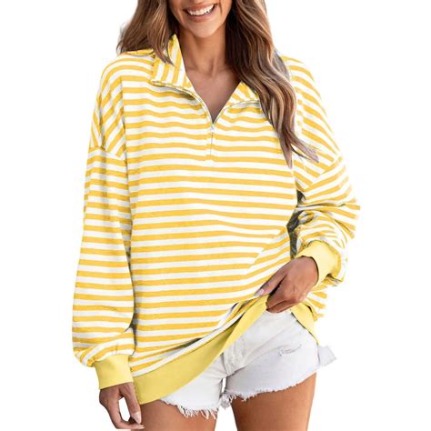 Besolor Womens Half Zip Oversized Tops Striped Long Sleeve Shirts