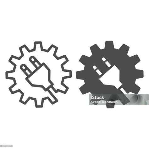 포크 플러그와 코드 라인과 솔리드 아이콘 전기 서비스 개념이 있는 톱니바퀴 벡터 그래픽입니다 정비사 장비에 포크 흰색 배경에 수리 표시 모바일 또는 웹 디자인을위한 개요
