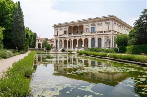 Premium Ai Image Magnificent Classical Building Surrounded By Greenery And Water Features