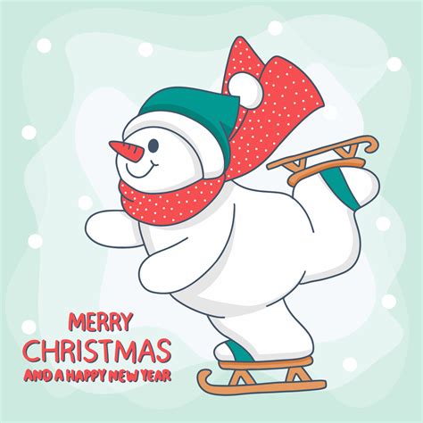Happily Snowman On Ice Skate In Merry Christmas Vector 5086074 Vector