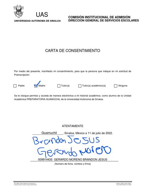 Carta De Consentimiento Y Protesta Uas Pdf