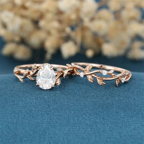 Nature Inspired Pear Cut Moissanite Leaf Gold Ring Set Rose Gold 10k Natural Diamonds
