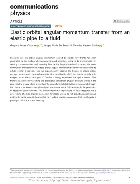 Pdf Elastic Orbital Angular Momentum Transfer From An Elastic Pipe To A Fluid