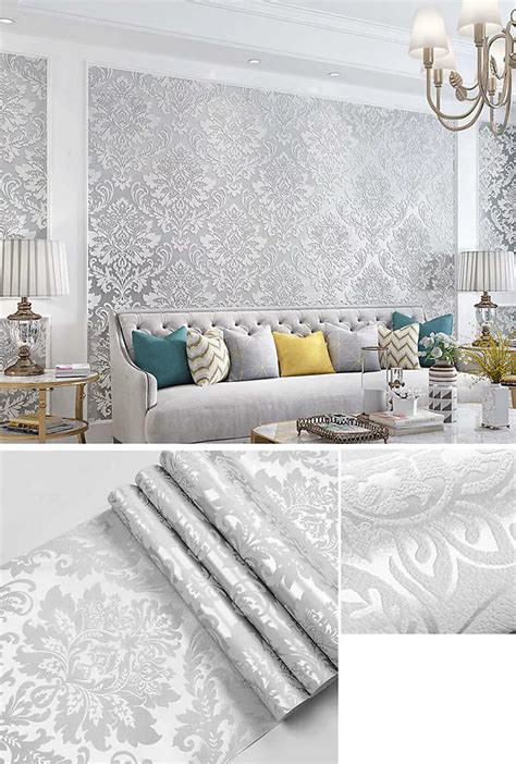 Zed Decor Classic Silver Damask Pattern Wallpaper Vintage Embossed