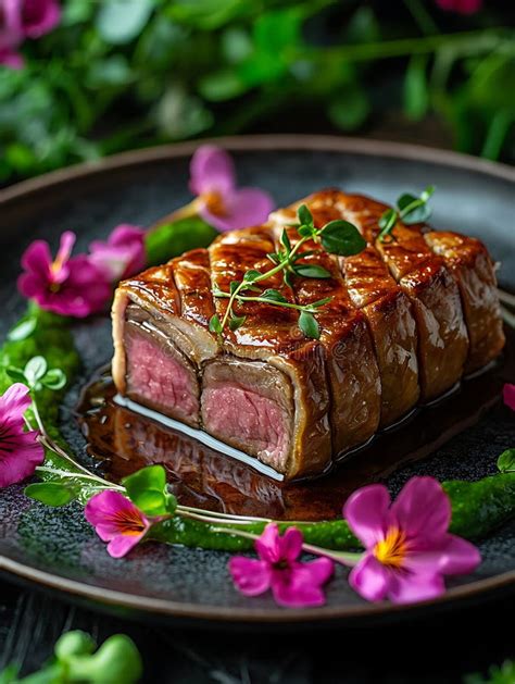 Deliciously Glazed Meat Dish With Vibrant Edible Flowers And Greens
