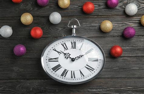 Composition With Clock And Decorations On Wooden Background Christmas