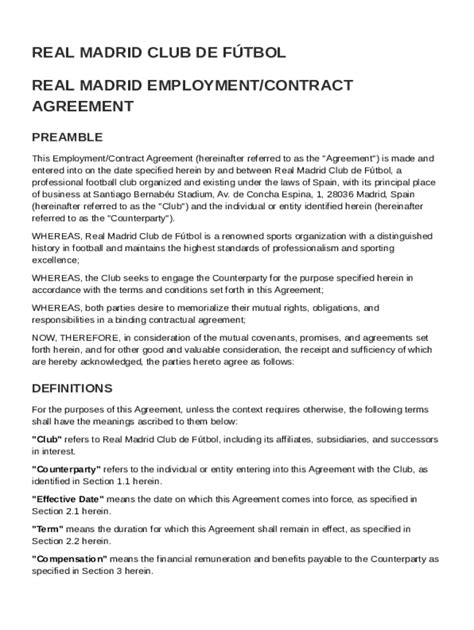 Real Madrid Contract Template Blank Fillable Template Fill Out
