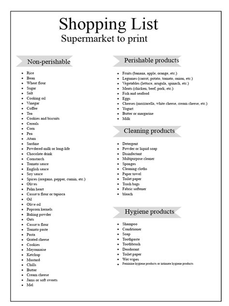Comprehensive Grocery Shopping List Pdf