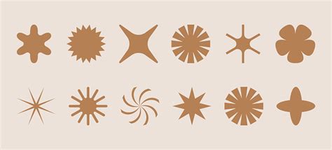 간단한 평면 선형 스타일의 디자인 요소 및 일러스트레이션의 벡터 세트 태양 기호 추상적 인 형태 및 모양 로고 디자인 템플릿 포스터 인쇄물 배너 용 배지 및 스티커 그래픽