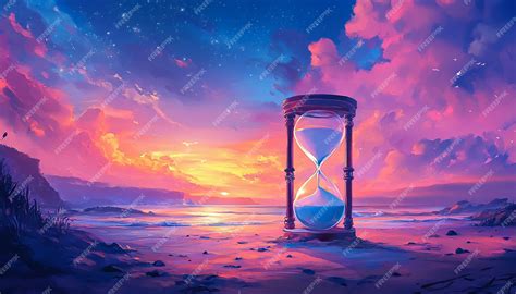 Illustration Of Hourglass Set Against A Stunning And Beautiful Sea