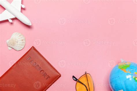 Minimal Simple Flat Lay Travel Adventure Trip Concept On Pink Pastel