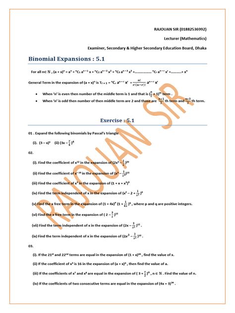 Lecture Of Binomial Expansions 51 Pdf Mathematics Elementary