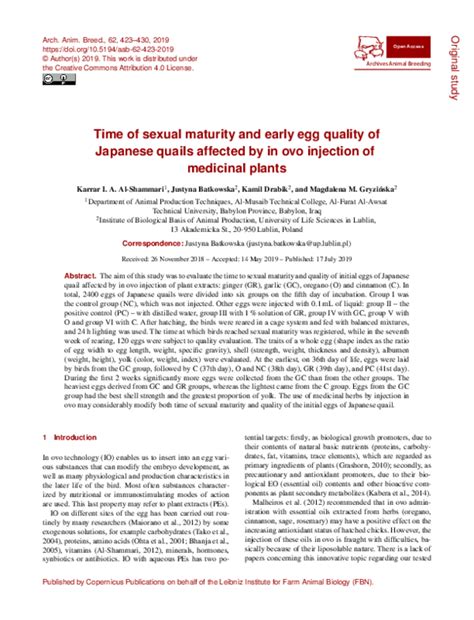 Pdf Time Of Sexual Maturity And Early Egg Quality Of Japanese Quails