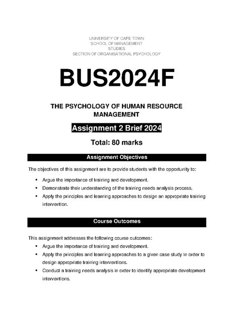 Assignment 2 Bus2024f Traininganddevelopment University Of Cape Town School Of Management