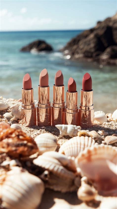 Lipsticks Arranged On A Beach Stock Image Image Of Aesthetic Makeup