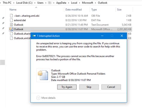 Windows Trying To Copy Outlooks Pst File While Its Open Results In