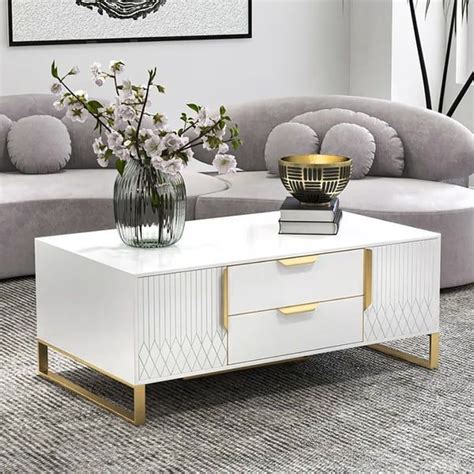 Modern Rectangular White And Gold Coffee Table With Storage Drawers For