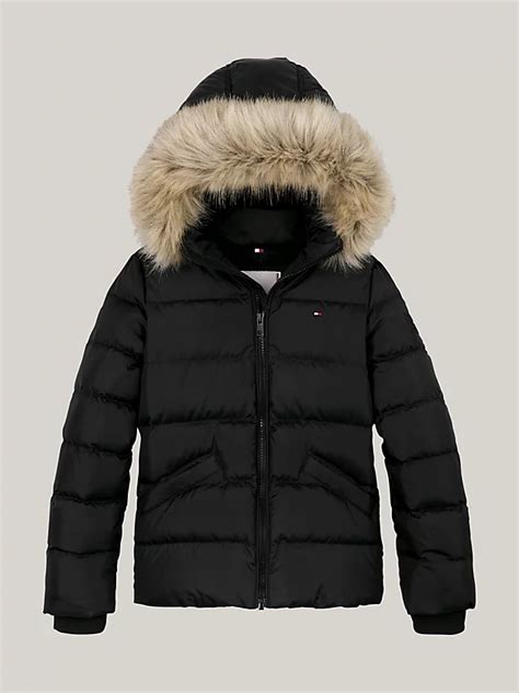 Black Girlss Faux Fur Hood Down Puffer Jacket Tommy Hilfiger