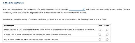 Solved The Beta Coefficienta Stocks Contribution To The