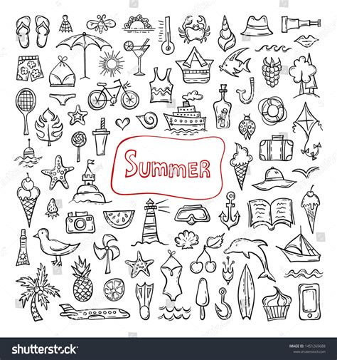Set Handdrawn Summer Symbols Doodle Icons Stock Vector Royalty Free