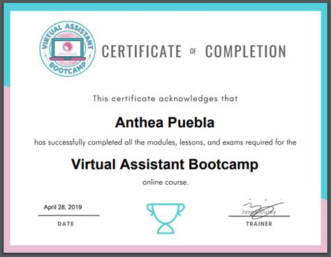 Certificate Of Completion Virtual Assistant Online Course Freelancer