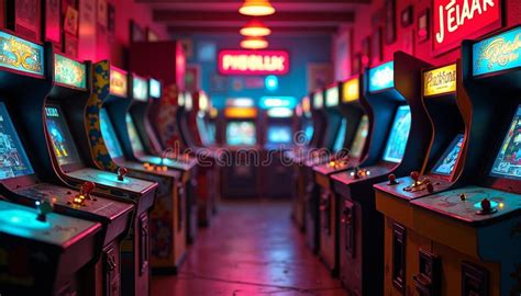 Classic Arcade Hall With Neon Lighting And Vintage Game Cabinets Stock