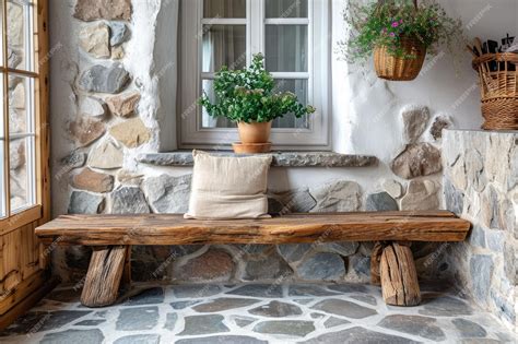 Premium Ai Image Rustic Wooden Seat Next To A Wall Of Natural Stone Cladding
