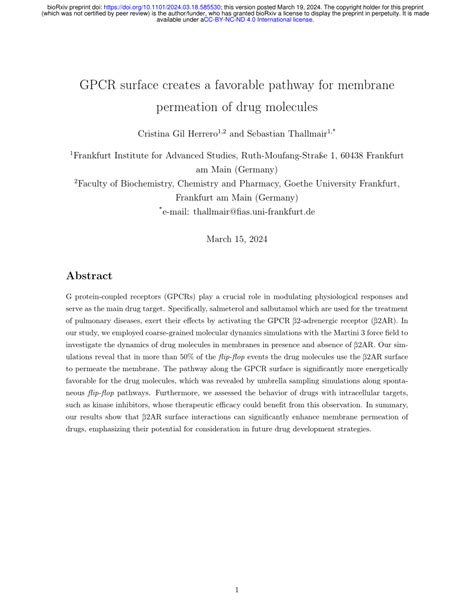 Pdf Gpcr Surface Creates A Favorable Pathway For Membrane Permeation Of Drug Molecules