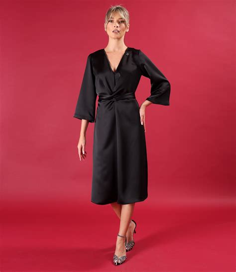 Satin Midi Dress With Twisted Waist Tie Black Yokko