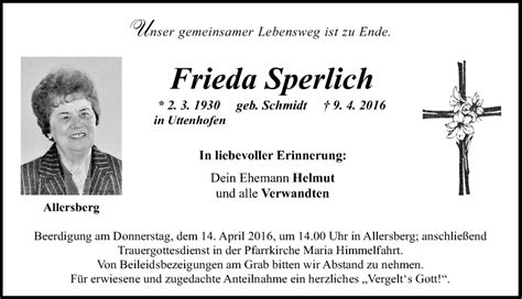 Traueranzeigen Von Frieda Sperlich Trauer Nn De