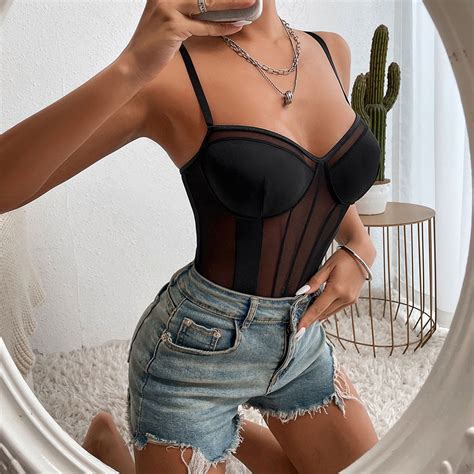 Sexy Sweetheart Vertical Striped High Leg Sheer Mesh Bodysuit Black