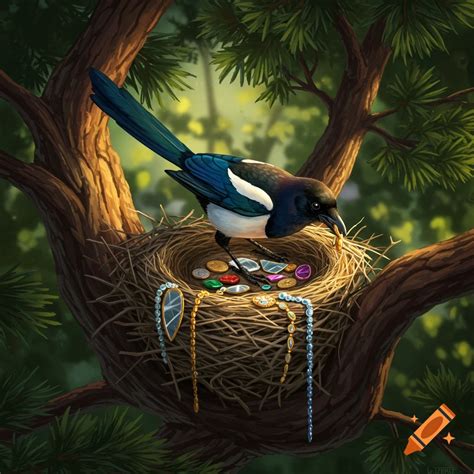 A Colorful Painting Of A Magpie Perched In Its Nest Surrounded By An