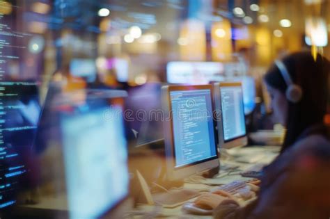 Blurred Coding Workspace With Screens And Code Stock Image Image Of Setup Programming 378700741