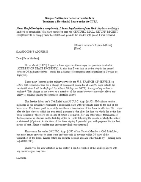 Sample Notification Letter To Landlords To Terminate A Residential Lease