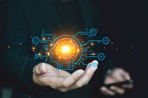 개념 아이디어와 인공 지능 Ai 기계 학습 추상 전구 처리 딥 러닝 혁신 과학 및 기술에서 빛나는 다채로운 뇌 회로를 들고 있는 사람들 3차원 형태에 대한 스톡 사진 및