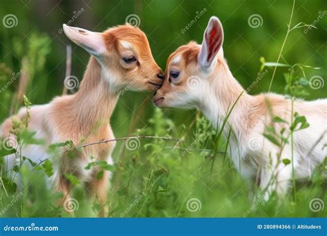 A Pair Of Tiny Goats Playfully Head Butting Each Other In A Lush Green