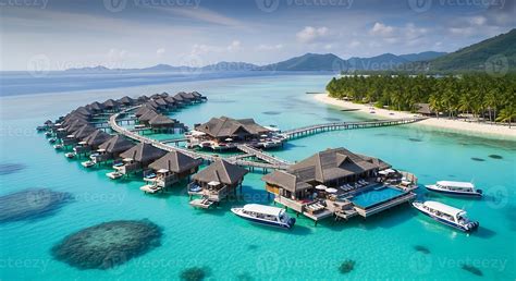Beach Floating Resort Travel Background With Huts Over Turquoise Lagoon