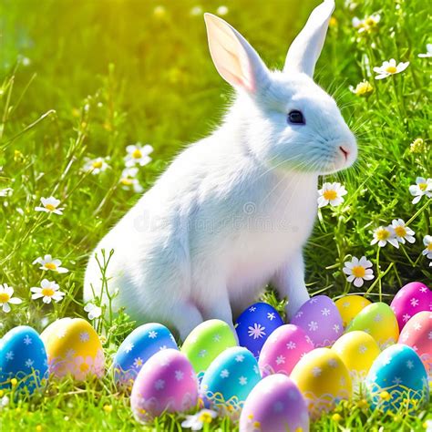 An Easter Hare On A Summer Meadow With Colored Eggs Stock Illustration