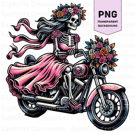 Biker Woman Skeleton With Flowers In Png Instant Download Spring