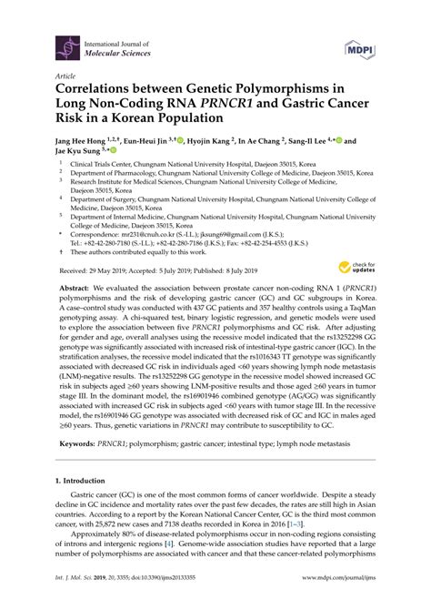 Pdf Correlations Between Genetic Polymorphisms In Long Non Coding Rna Prncr1 And Gastric