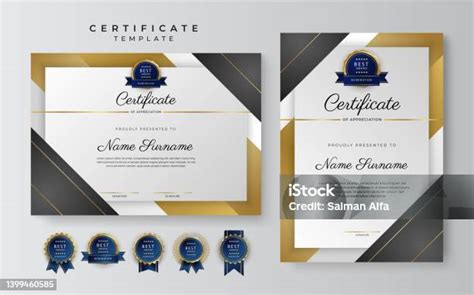 고급 배지와 현대적인 라인 패턴이있는 업적 국경 템플릿의 검은 색과 금색 인증서 수상 비즈니스 및 교육 요구 사항 감탄에 대한 스톡 벡터 아트 및 기타 이미지 Istock