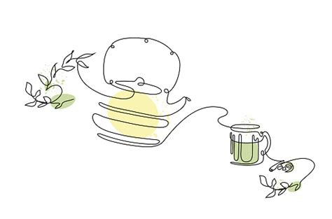 파스텔 색의 반점이있는 주전자 찻잔 및 레몬의 연속 라인 드로잉 잎차에 대한 스톡 벡터 아트 및 기타 이미지 잎차 차