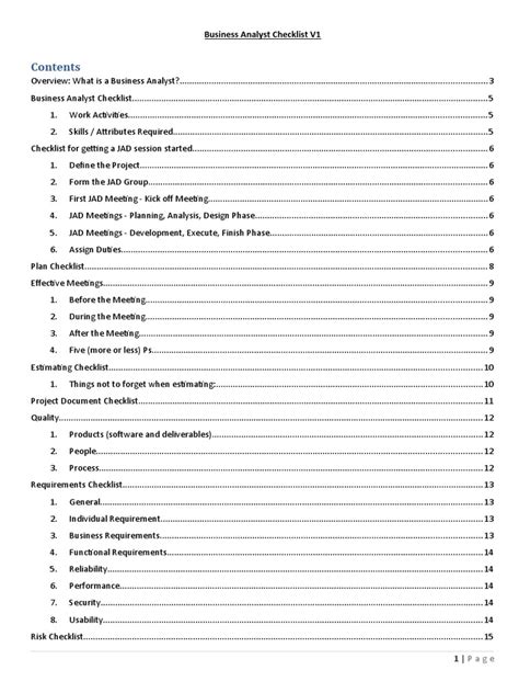 Business Analyst Checklist V1 Pdf Business Analysis Project